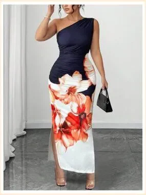 Dresses | One Shoulder Bodycon Maxi Dress Ruched Split Floral | Poshmark